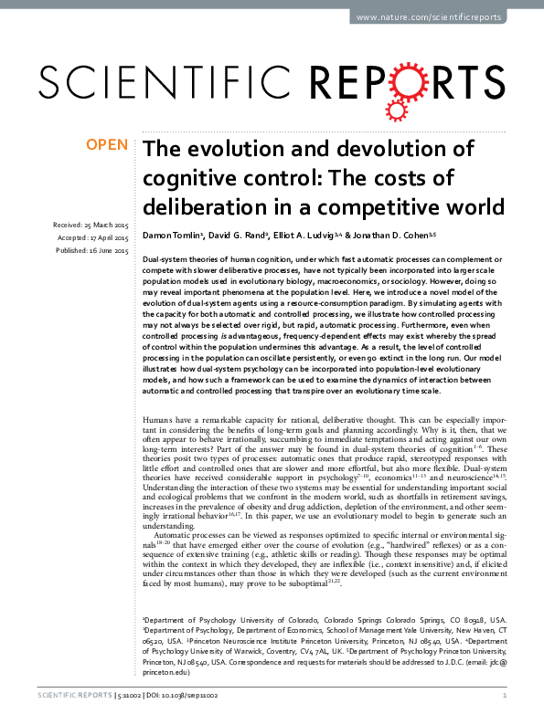 (PDF) The evolution and devolution of cognitive control: The costs of ...