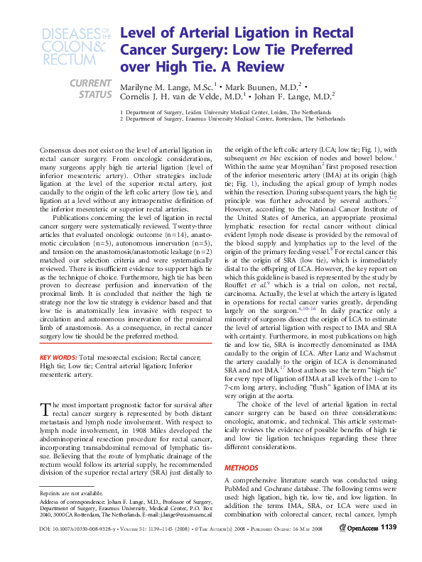 (PDF) Level of Arterial Ligation in Rectal Cancer Surgery: Low Tie ...