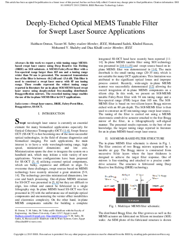 (PDF) Deeply-Etched Optical MEMS Tunable Filter for Swept Laser Source ...
