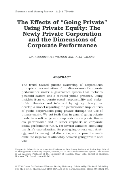 (PDF) The Effects of “Going Private” Using Private Equity: The Newly ...