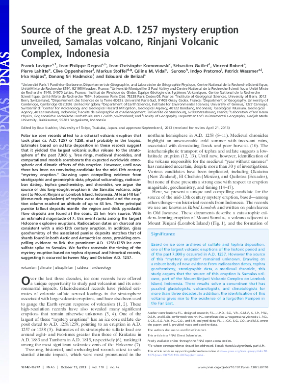(PDF) Source of the great A.D. 1257 mystery eruption unveiled, Samalas ...