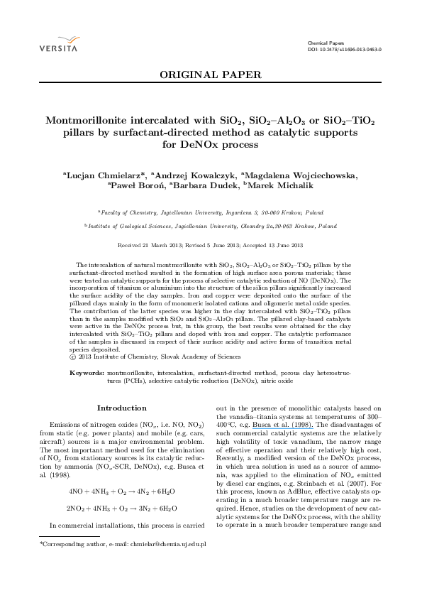 (PDF) Montmorillonite intercalated with SiO2, SiO2-Al2O3 or SiO2-TiO2 pillars by surfactant ...