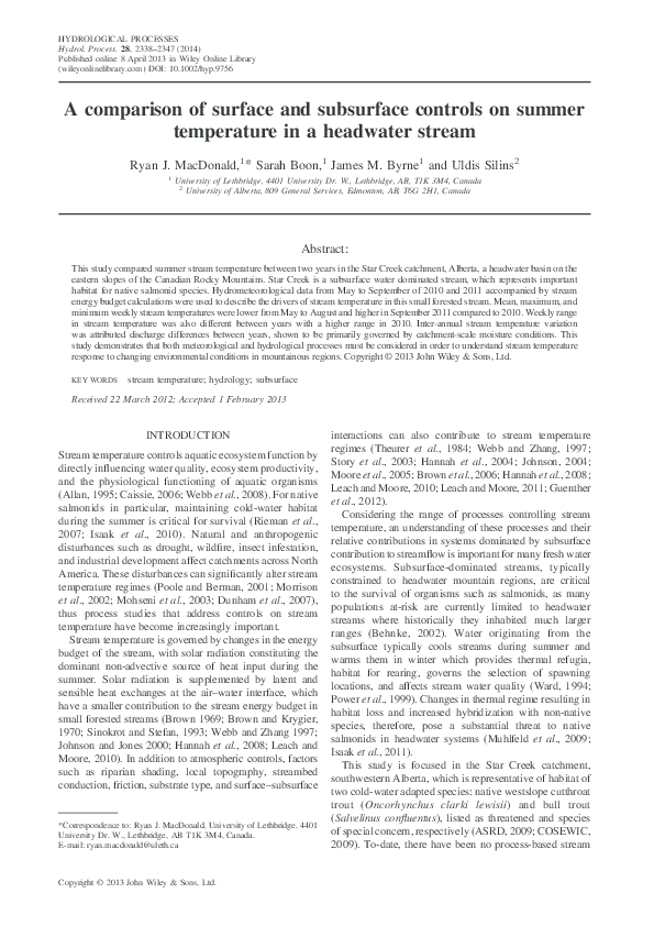 (PDF) A comparison of surface and subsurface controls on summer ...