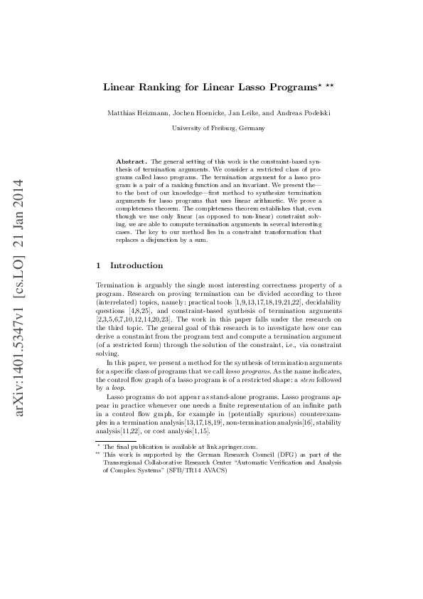 (PDF) Linear Ranking for Linear Lasso Programs