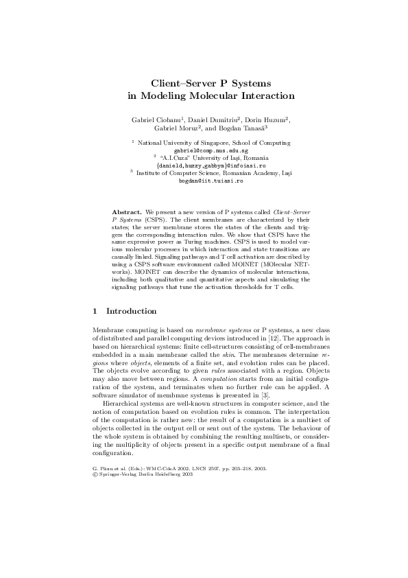 (PDF) Client–Server P Systems in Modeling Molecular Interaction