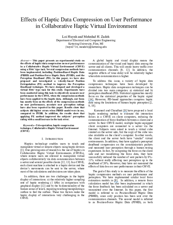 (PDF) Effects of Haptic Data compression on user performance in Collaborative Haptic Virtual ...