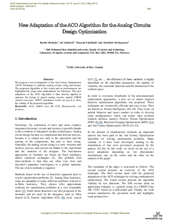 Pdf New Adaptation Of The Aco Algorithm For The Analog Circuits Design Optimization