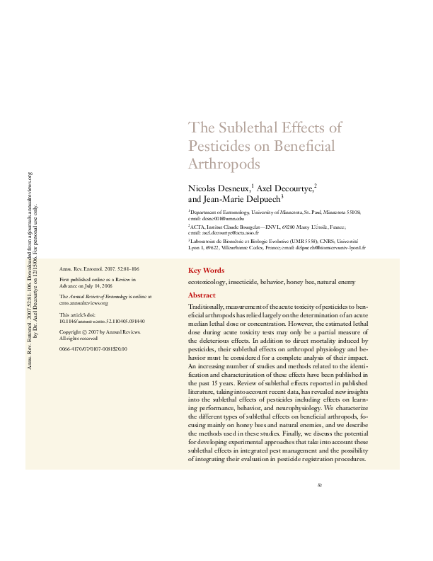 (PDF) The sublethal effects of pesticides on beneficial arthropods