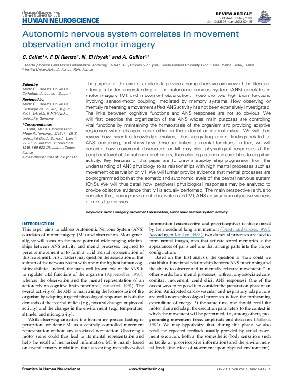 (PDF) Autonomic nervous system correlates in movement observation and ...