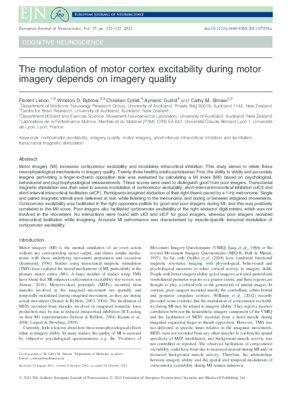 (PDF) The modulation of motor cortex excitability during motor imagery ...