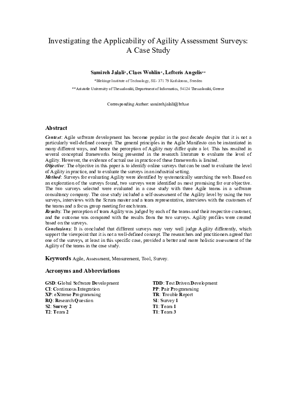 (PDF) Investigating the applicability of Agility assessment surveys: A case study