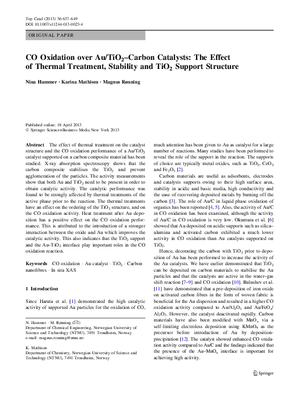 (PDF) CO Oxidation over Au/TiO2–Carbon Catalysts: The Effect of Thermal ...