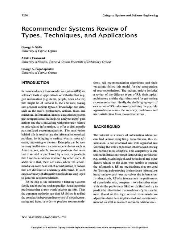 (PDF) A Review of Recommender Systems: Types, Techniques and Applications