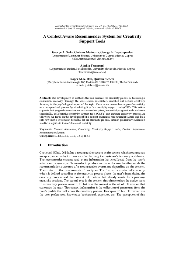 (PDF) A Context Aware Recommender System for Creativity Support Tools ...