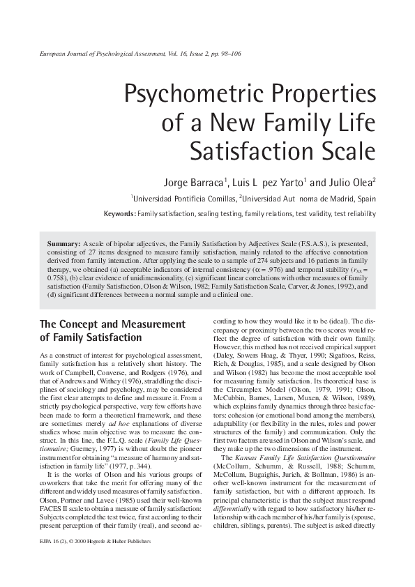 (PDF) Psychometric Properties of a New Family Life Satisfaction Scale