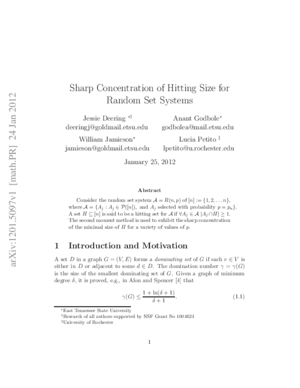 (PDF) Sharp Concentration of Hitting Size for Random Set Systems ...