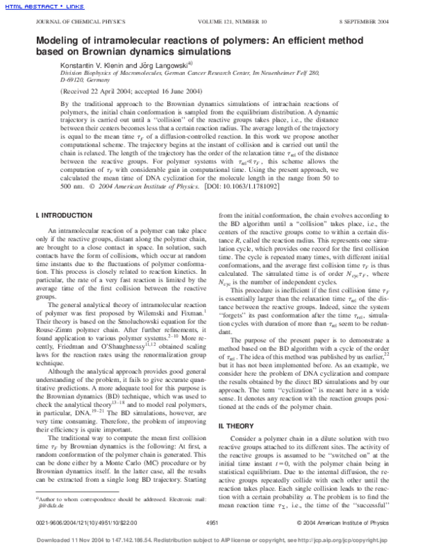 (PDF) Modeling of intramolecular reactions of polymers: An efficient method based on Brownian ...