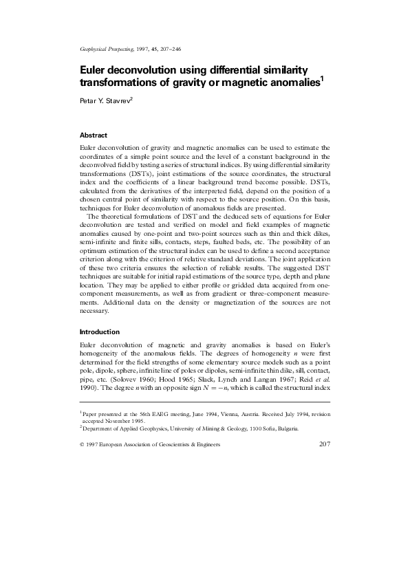 (PDF) Euler deconvolution using differential similarity transformations of gravity or magnetic ...