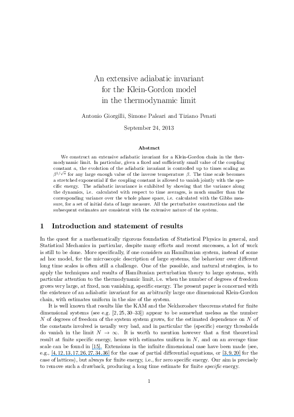 (PDF) An Extensive Adiabatic Invariant for the Klein–Gordon Model in ...