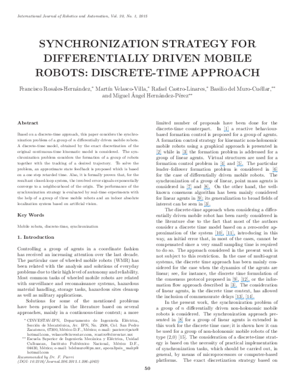 (PDF) Synchronization Strategy for Differentially Driven Mobile Robots: Discrete-Time Approach