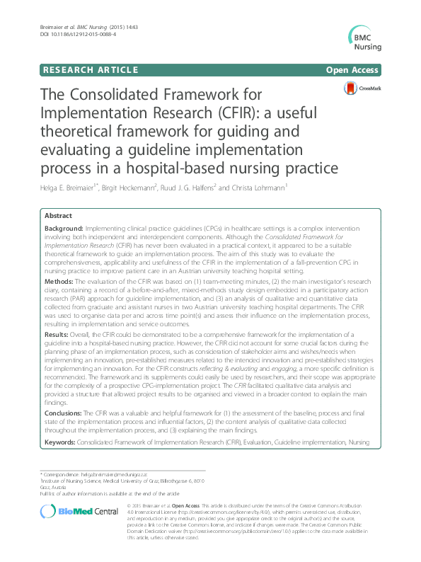 (PDF) The Consolidated Framework for Implementation Research (CFIR): a useful theoretical ...