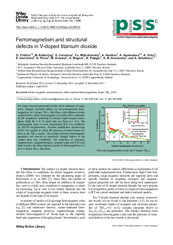 (PDF) Ferromagnetism and structural defects in V-doped titanium dioxide