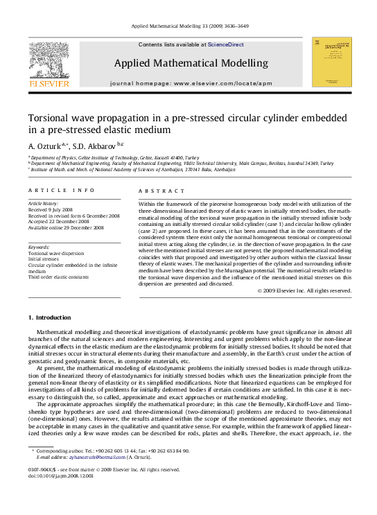 Pdf Torsional Wave Propagation In A Pre Stressed Circular Cylinder Embedded In A Pre Stressed