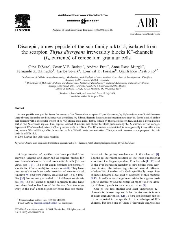 (PDF) Discrepin, a new peptide of the sub-family α-ktx15, isolated from ...