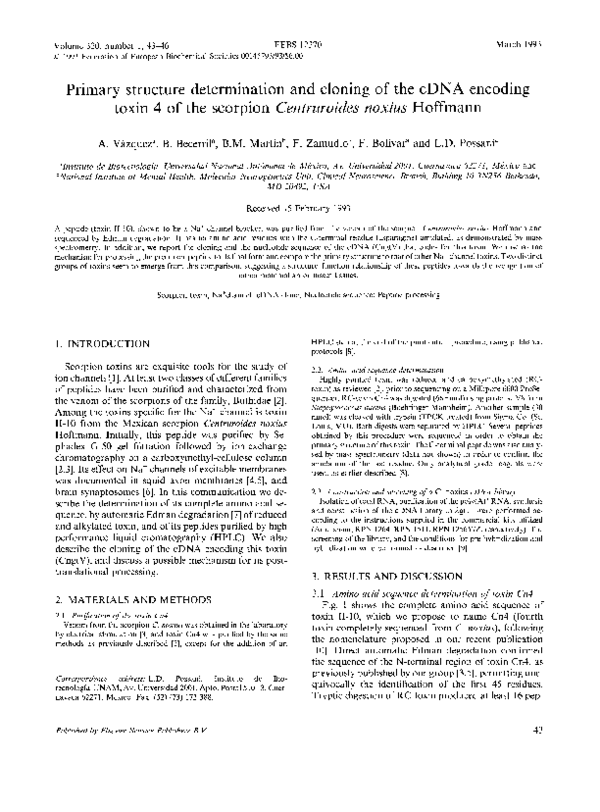 (PDF) Primary structure determination and cloning of the cDNA encoding toxin 4 of the scorpion ...