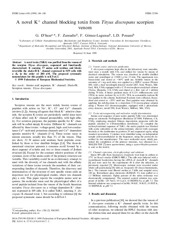 (PDF) A novel K+ channel blocking toxin from Tityus discrepans scorpion ...
