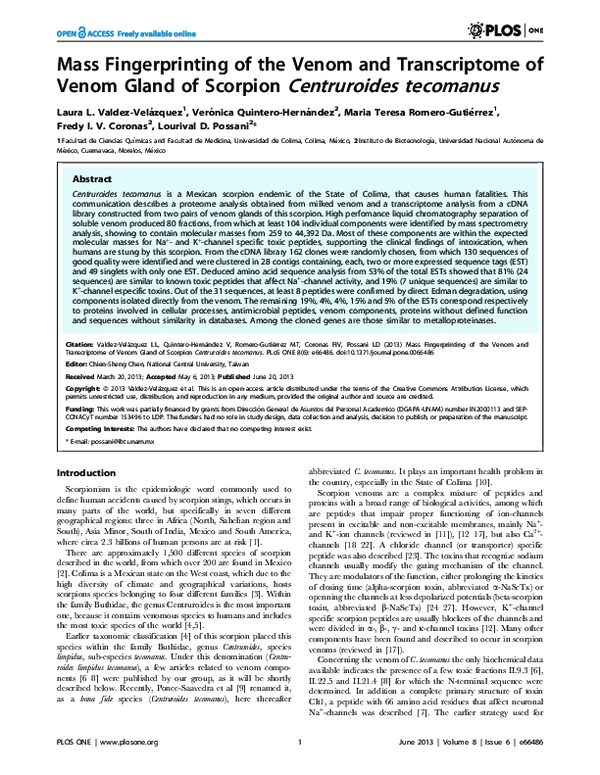 (PDF) Mass Fingerprinting of the Venom and Transcriptome of Venom Gland ...