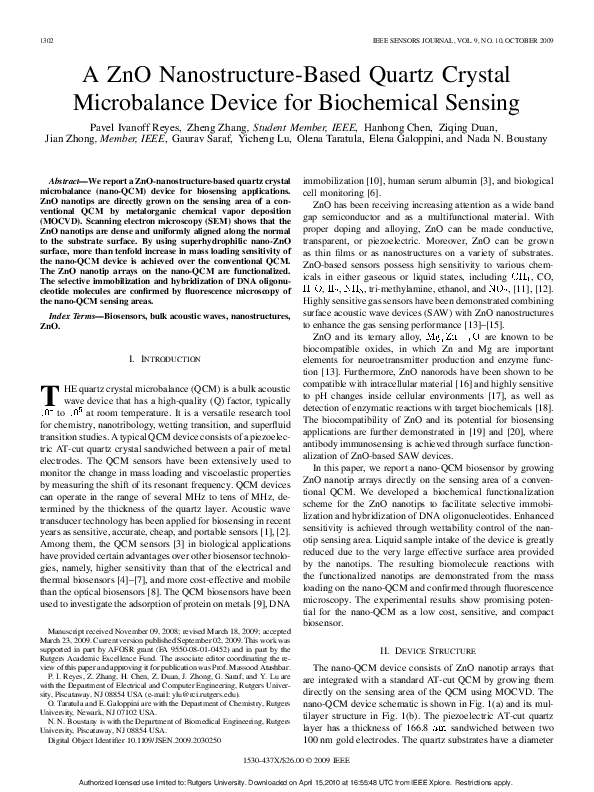 (PDF) A ZnO Nanostructure-Based Quartz Crystal Microbalance Device for ...