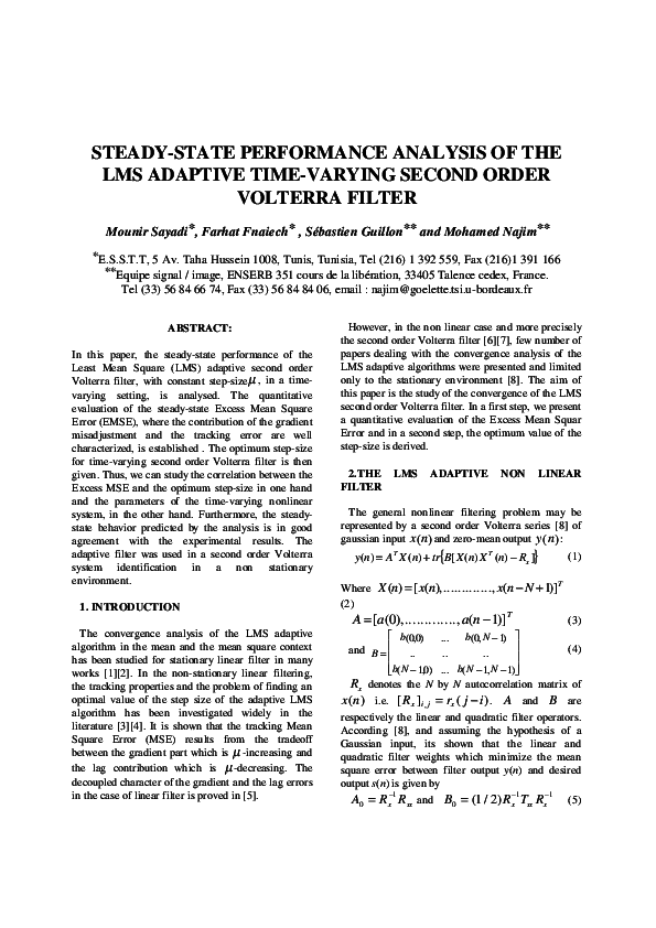 (PDF) Steady-State Performance Analysis of the LMS Adaptive Time-Varying Second Order Volterra ...