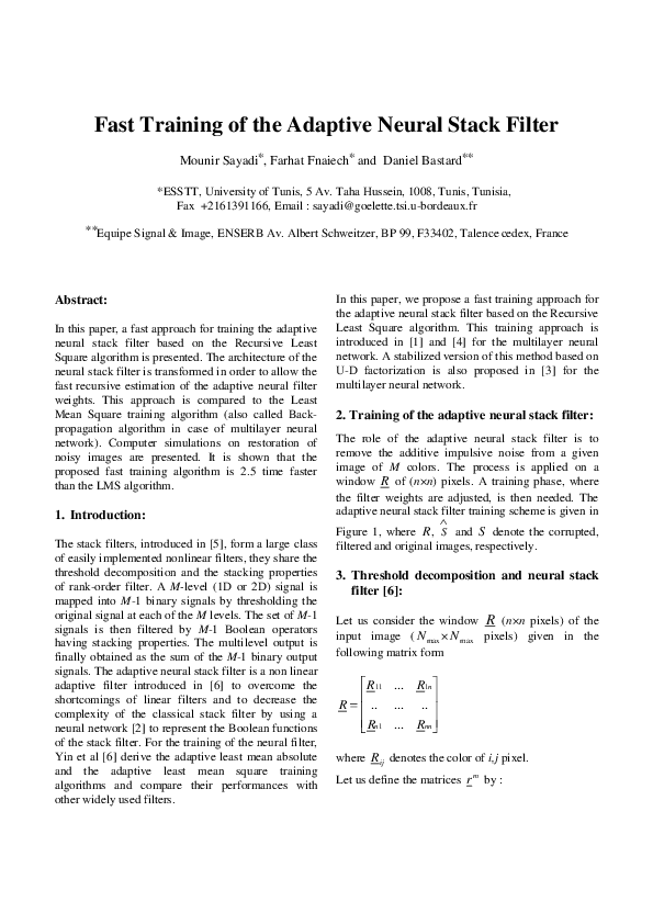 (PDF) Fast Training of the Adaptive Neural Stack Filter