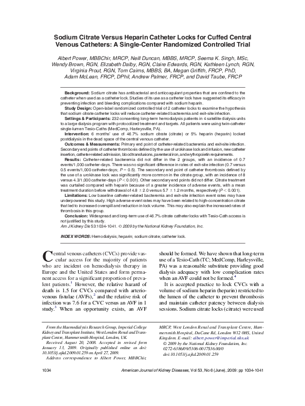 (PDF) Sodium Citrate Versus Heparin Catheter Locks for Cuffed Central ...