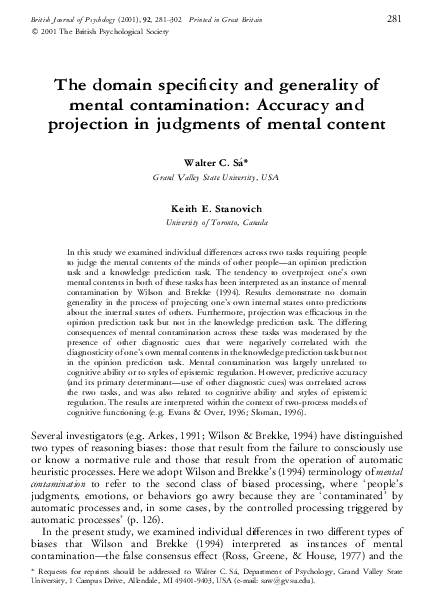 (PDF) The domain specificity and generality of mental contamination ...