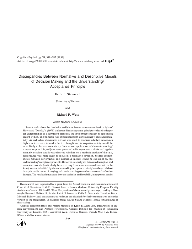 (PDF) Discrepancies Between Normative and Descriptive Models of Decision Making and the ...