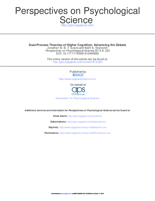 (PDF) Dual-Process Theories of Higher Cognition: Advancing the Debate