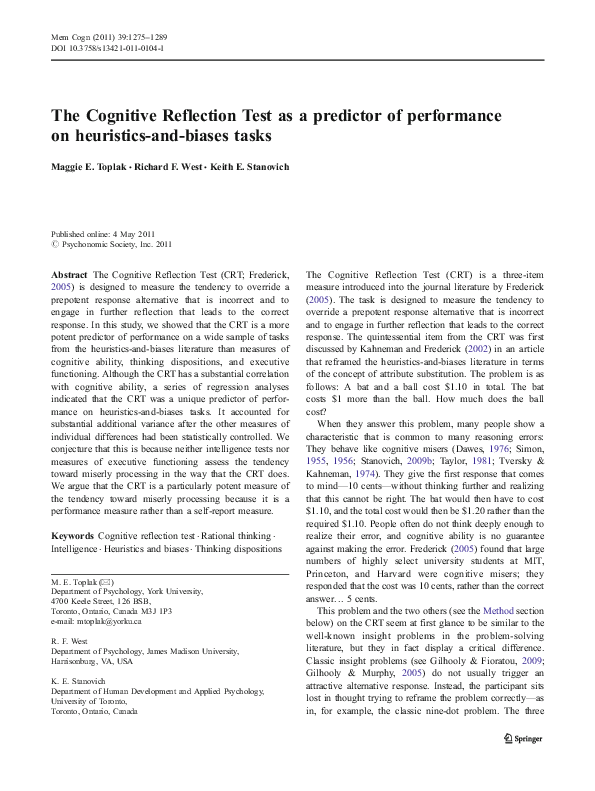 Pdf The Cognitive Reflection Test As A Predictor Of Performance On Heuristics And Biases Tasks