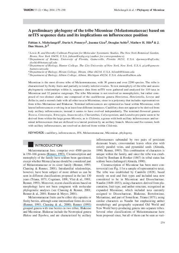 (PDF) A Preliminary Phylogeny of the Tribe Miconieae (Melastomataceae) Based on nrITS Sequence ...