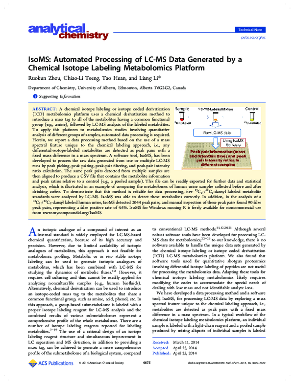 (PDF) IsoMS: automated processing of LC-MS data generated by a chemical ...