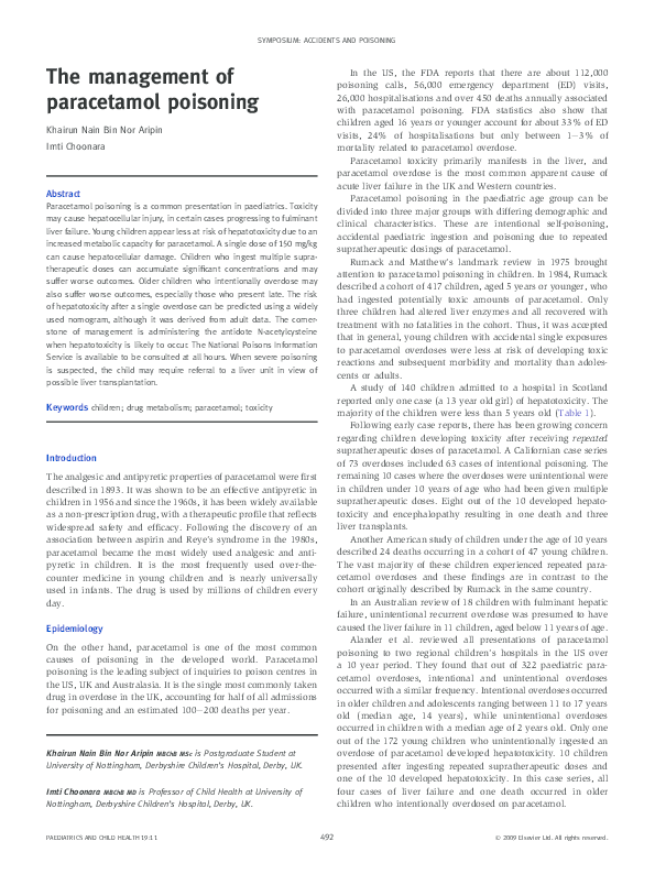 Pdf The Management Of Paracetamol Poisoning