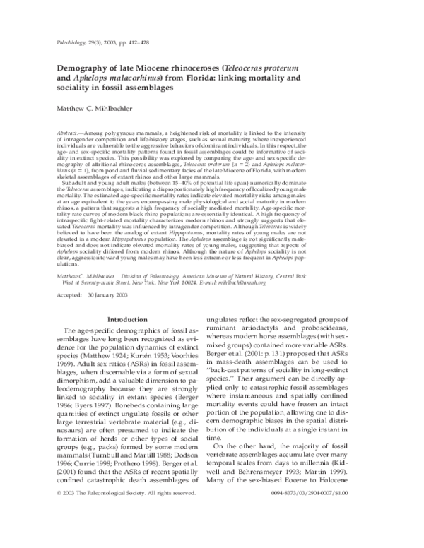 (PDF) Demography of late Miocene rhinoceroses (Teleoceras proterum and ...