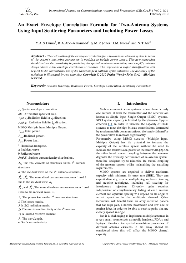 (PDF) An Exact Envelope Correlation Formula for Two-Antenna Systems Using Input Scattering ...