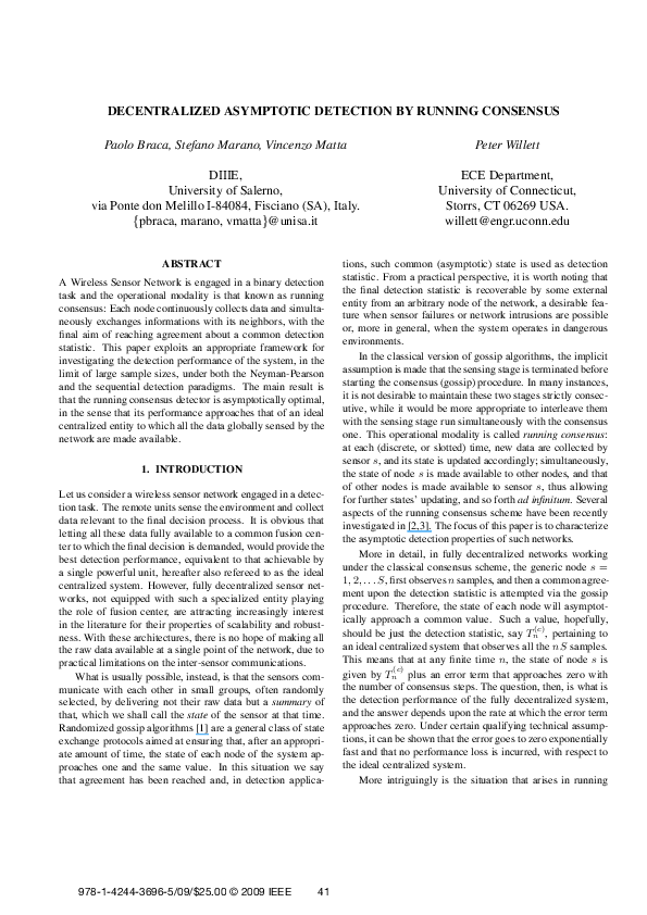 (PDF) Decentralized asymptotic detection by running consensus
