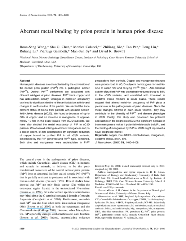 (PDF) Aberrant metal binding by prion protein in human prion disease