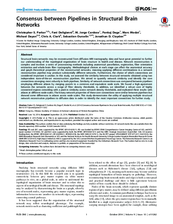 (PDF) Consensus between Pipelines in Structural Brain Networks