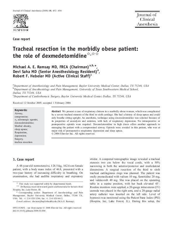 (PDF) Tracheal resection in the morbidly obese patient: the role of ...