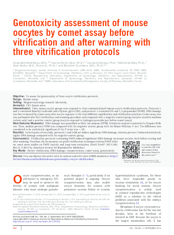 (PDF) Genotoxicity assessment of mouse oocytes by comet assay before ...
