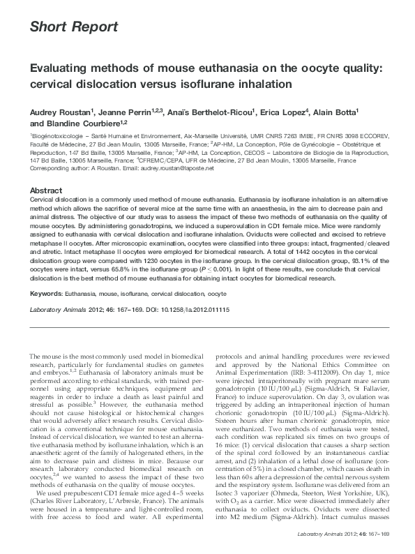 (PDF) Evaluating methods of mouse euthanasia on the oocyte quality ...